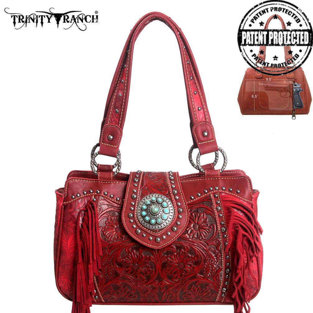 TR04G-8246A Montana West Trinity Ranch Tooled Design Concealed Handbag -Red