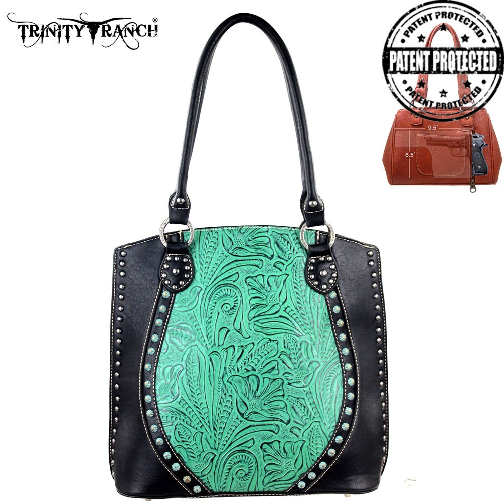 TR23G-8571 Trinity Ranch Tooled Design Concealed Handgun Handbag-Black