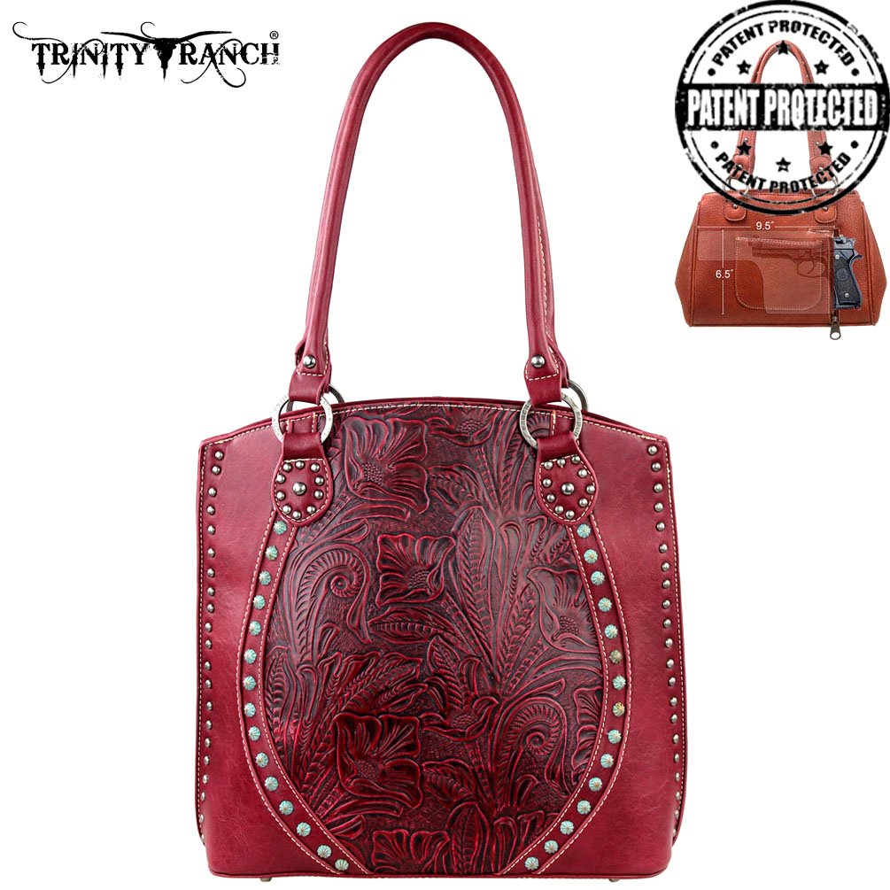 TR23G-8571 Trinity Ranch Tooled Design Concealed Handgun Handbag-Red