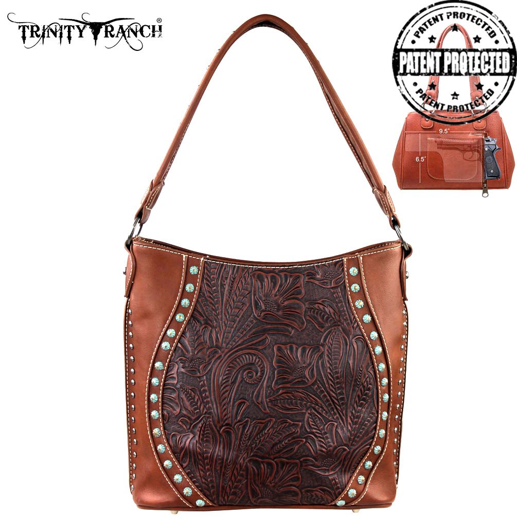 TR23G-916 Trinity Ranch Tooled Design Concealed Handgun Handbag-Brown