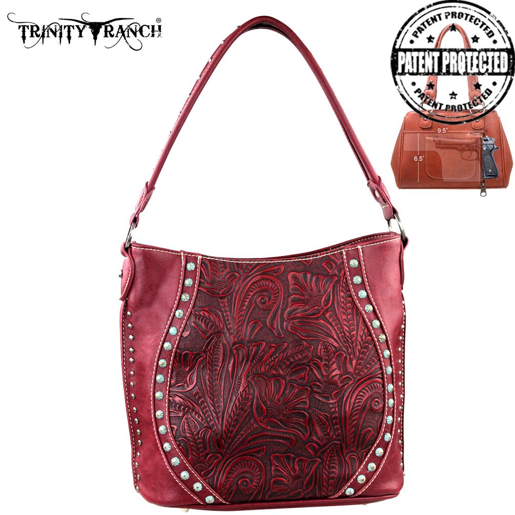 TR23G-916 Trinity Ranch Tooled Design Concealed Handgun Handbag-Red